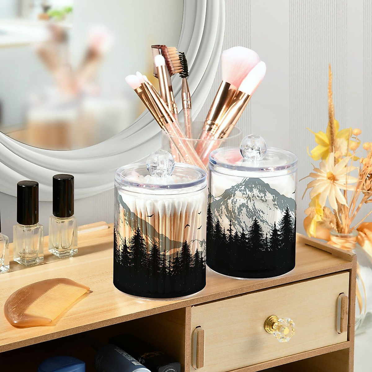 KEEPREAL Nature Mountains and Forest Qtip Holder Dispenser with Lids, 2PCS Plastic Food Storage Canisters, Apothecary Jar Containers for Vanity Organizer Storage