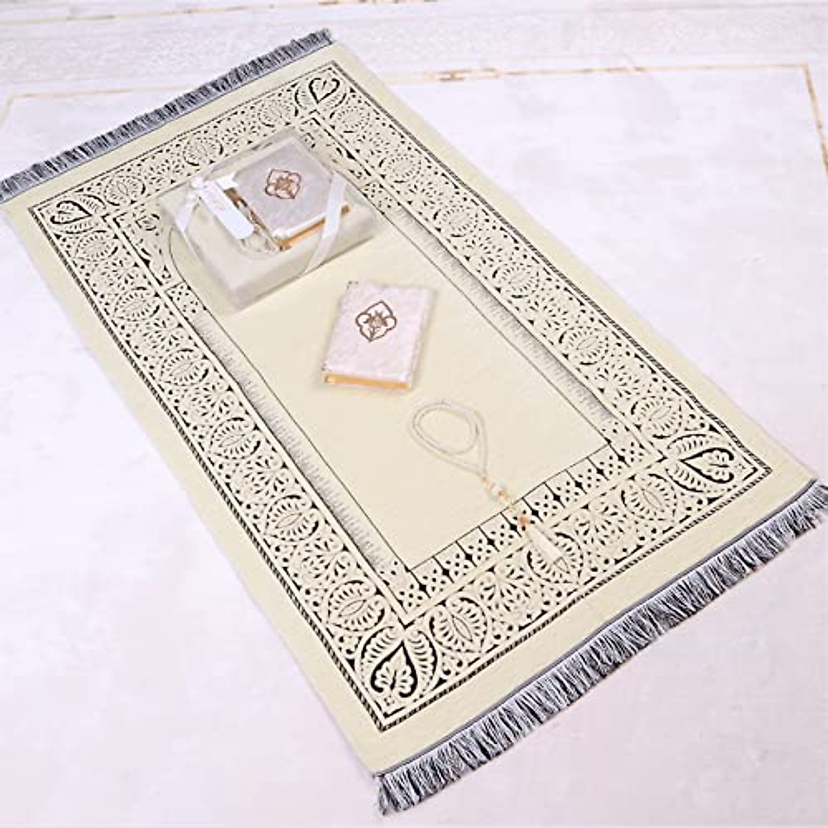 Personalized Prayer Rug Prayer Beads Quran Islamic Gift Set, Chenille Prayer Rug Pearl Prayer Beads Velvet Full Arabic Quran, Ramadan Eid Wedding Birthday Graduation (Beige)