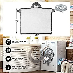 Penguin Wearable Hooded Blanket for Adults – Super Soft Warm Cozy Plush Flannel Fleece & Sherpa Hoodie Throw Cloak Wrap - Penguin Gifts for Women Adults Girls and Kids