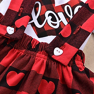 Toddler Baby Girls Valentines Day Outfits Suspender Skirt Striped Plaid Love Heart Clothes (Red, 6-12 Months)