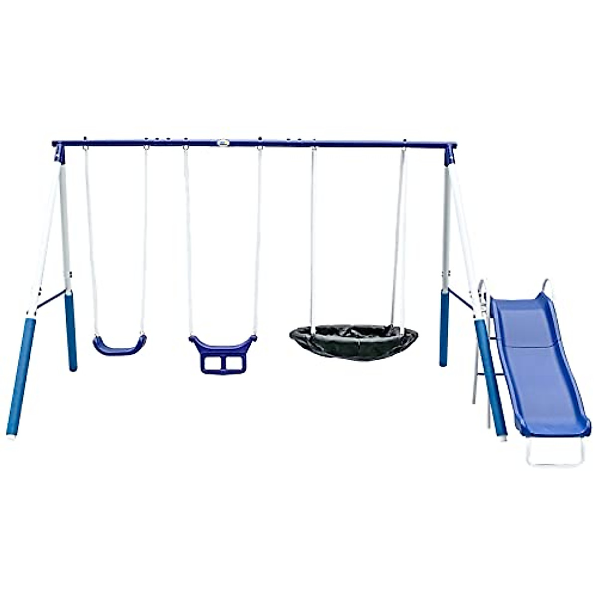 XDP Recreation Swingin' More Fun - Outdoor Backyard Playground Kids Swing Set. White/Blue & XDP Recreation 70113 Swing Set, Trampoline & Patio Furniture Metal Ground Anchor Kit Hardware, Bronze