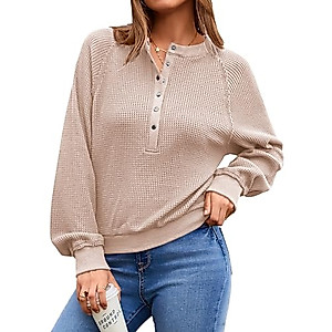 PRETTYGARDEN Womens 2023 Batwing Long Sleeve v Neck Sweater Drop Shoulder Button Waffle Knit Pullover Winter Slouchy Henley Tops (Beige, Medium)