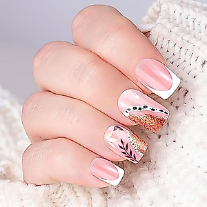 24 Pcs Press On Nails, Gel Nail Kit, Women's French Shrub Leaves False Nails, Full Cover False Nails Easy Home DIY Manicure with Square Nails Glue, Prep Pad, Mini Nail File, Nail Remover Stick