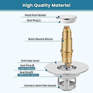 2PACKS Bathroom Sink Stopper for Standard Drain Holes, All Metal Bathroom Pop Up Sink Strainer with Bullet Core Push Type Stainless Steel Plug, Chrome Finish