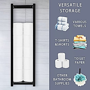 YEMUNY Towel Rack Wall Mounted, Bathroom Towel Holder with Mesh Shelf and 4 Hooks, Metal Towel Storage Organizer Wall can Holds up to 7 Large Size (54 x27 Inch) Rolled Towels, Black