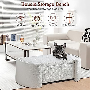 Deolme White Boucle Storage Ottoman Bench- Modern Wooden Indoor Upholstered Storage Bench End of Bed Stool Sherpa Bench Bedside with Safety Hinge for Bedroom, Living Room Seating, Entryway