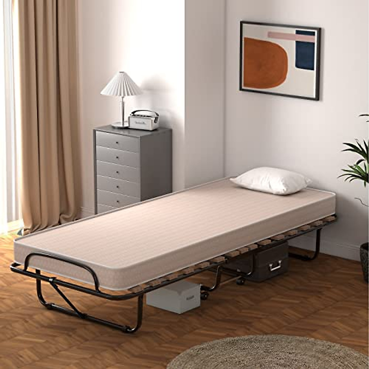 Giantex Folding Bed with Mattress for Adults, Rollaway Guest Beds w/Memory Foam Mattress & Metal Frame, Made in Italy, Cot Size Rollaway Bed, Portable Foldable Sleeper Bed for Home, Beige