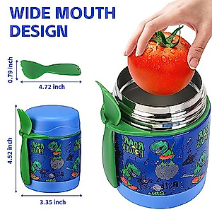 Pawtong 10oz Soup Thermo for Hot Food Kids Insulated Food Jar,Thermo Hot Food Lunch Container, Width Mouth Stainless Steel Lunch Box for Kids with Spoon (Blue-dinosaur)