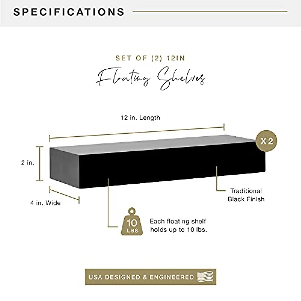 MCS Floating Shelf, Room Decor Wooden Shelf, Black, 12 x 4 Inch, Set of 2