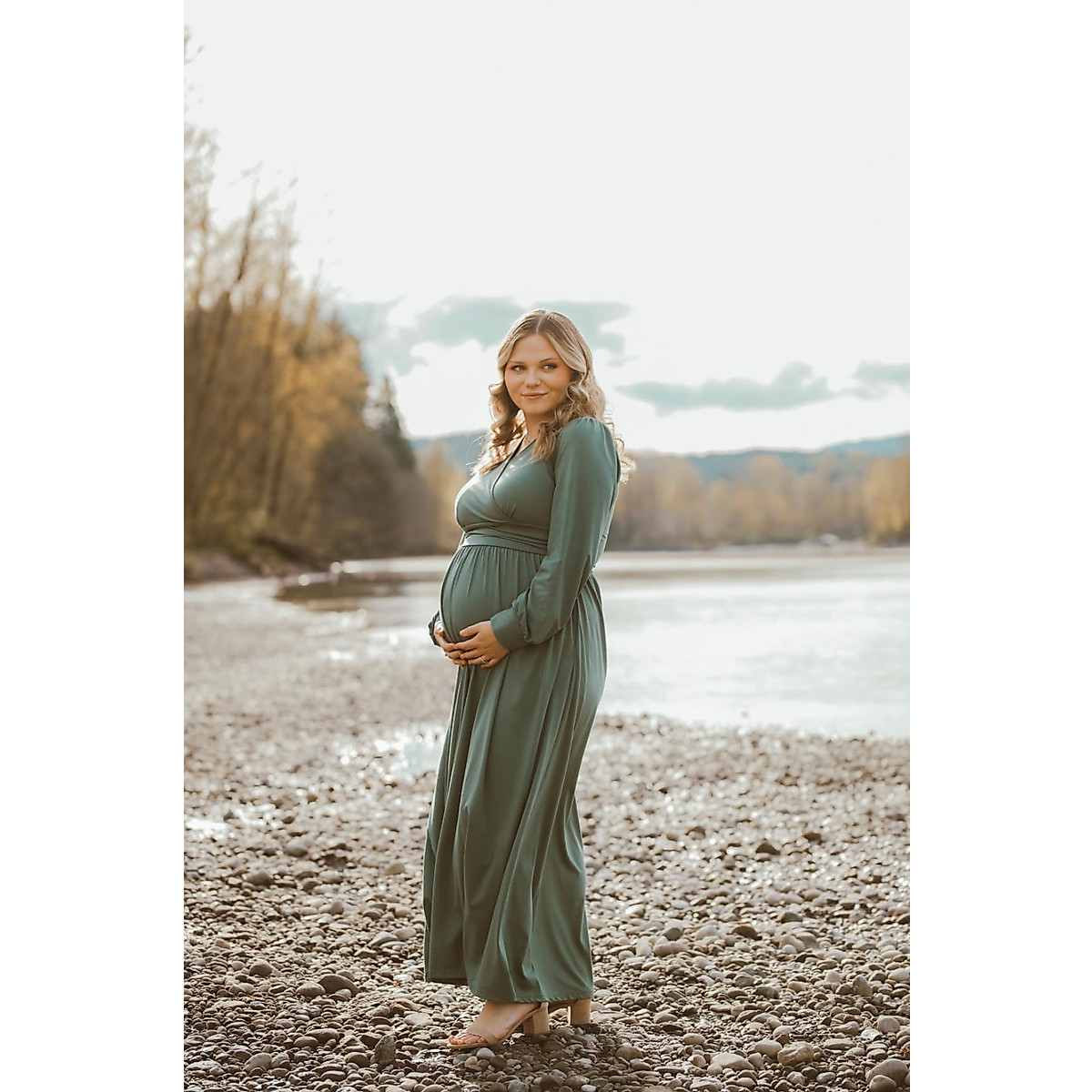 OUGES Fall Maternity Maxi Dresses Long Sleeve Wrap V Neck Baby Shower Dress Maternity Clothes 2025(Gray Green,M)