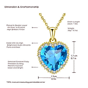 VONSSY Classic Heart Pendant Gemstone Necklace | Crystal Birthstone Necklace| 18K Platinum Gold Plated Chain | Vintage Meaningful Jewelry Gift for Mother Wife Girlfriend (Light Sapphire Blue-Gold)