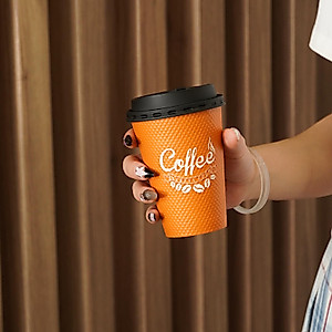 100 Pack 12 oz Disposable Coffee Cups, Insulated Ripple Double-Walled Paper Coffee Cups with Lids for Party Wedding, Cold/Hot Drinking Cups for To Go Hot Cups for Coffee, Tea, Hot Chocolate (Orange)