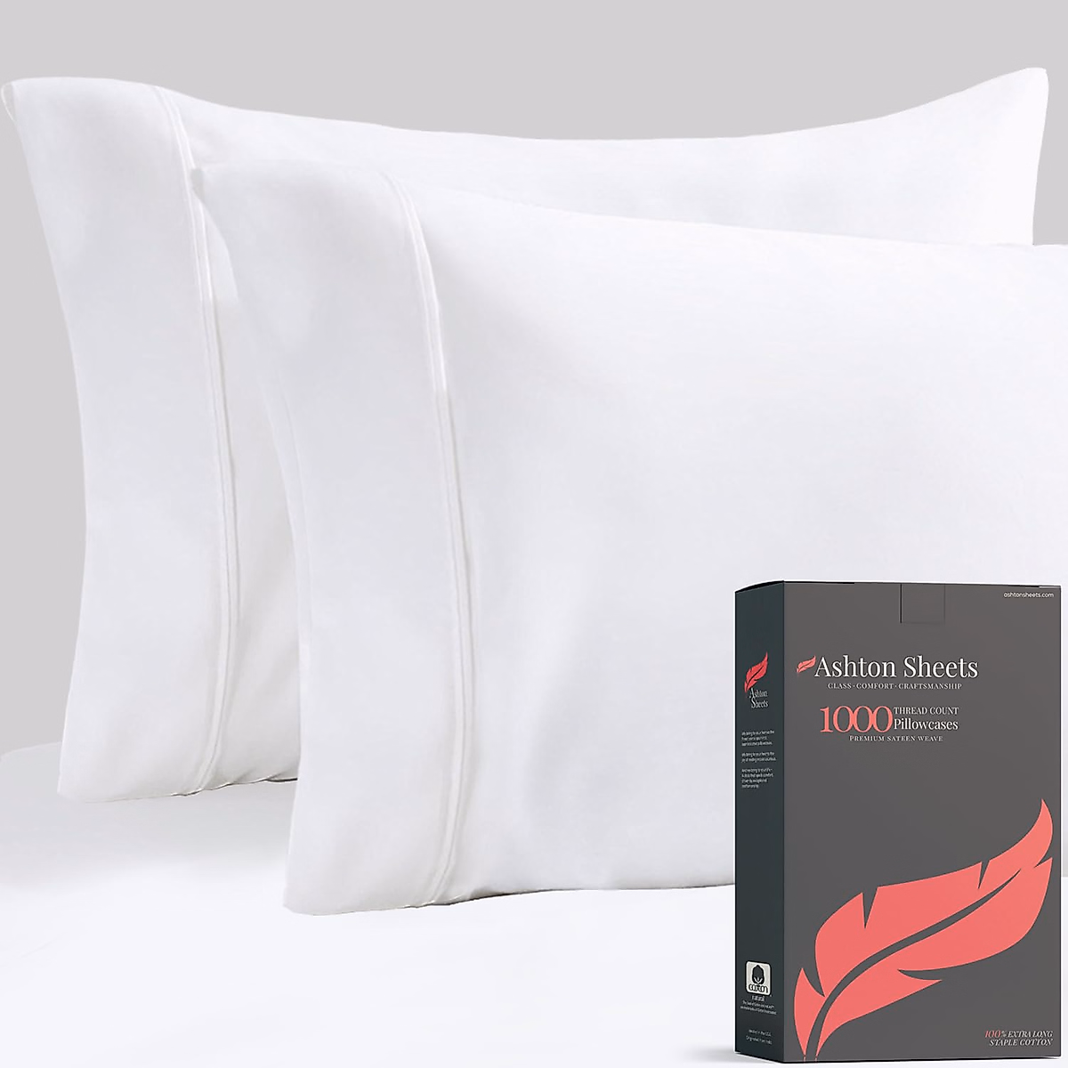 Ashton Sheets Luxury Egyptian Cotton Standard/Queen Pillow Cases Set of 2-1000 Thread Count White Standard/Queen Pillowcases, Soft, Sateen Weave Cooling Pillowcase for Standard/Queen Pillows