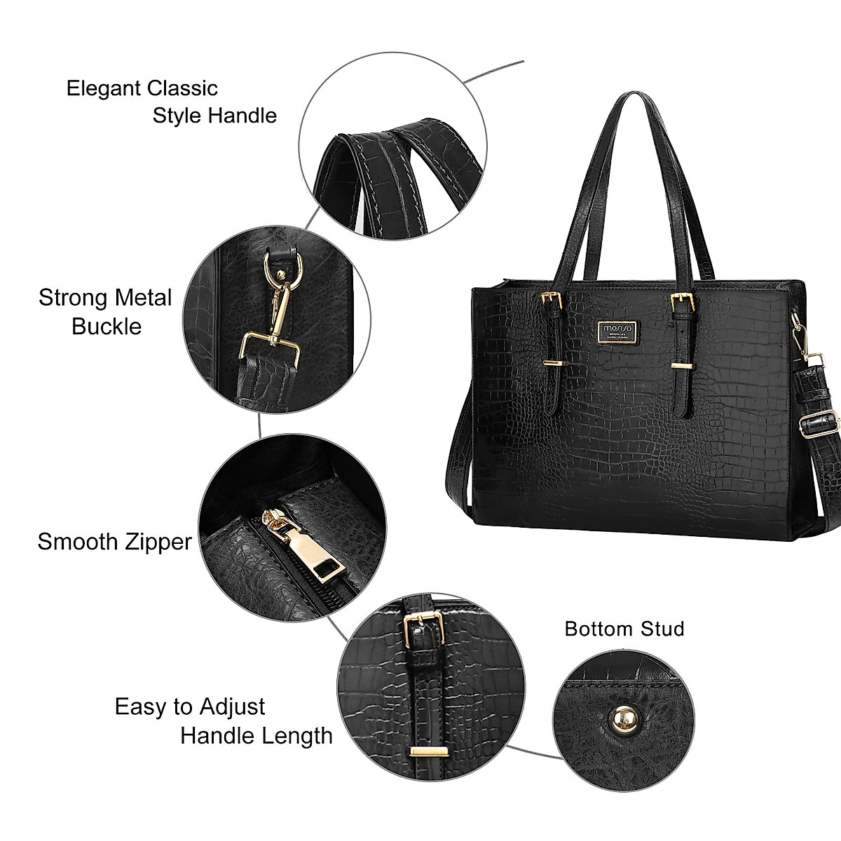 MOSISO Laptop Bag for Women Compatible with MacBook Air 15 inch M2 A2941 2023/Pro 16 inch M3 M2 M1 2023-2019, Crocodile Grain Waterproof PU Leather Large Capacity Work Travel Case, Black