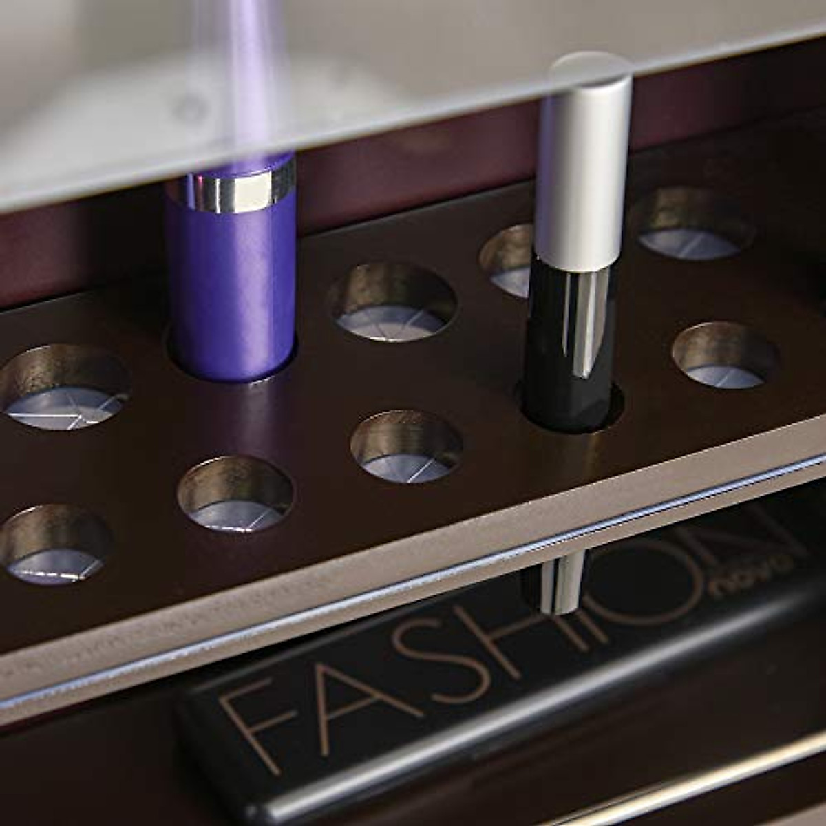 HOMCOM Jewelry Armoire with Mirror and 18 LED Lights, Wall-Mounted/Over-The-Door Cabinet with 3 Mountable Heights, Dark Walnut