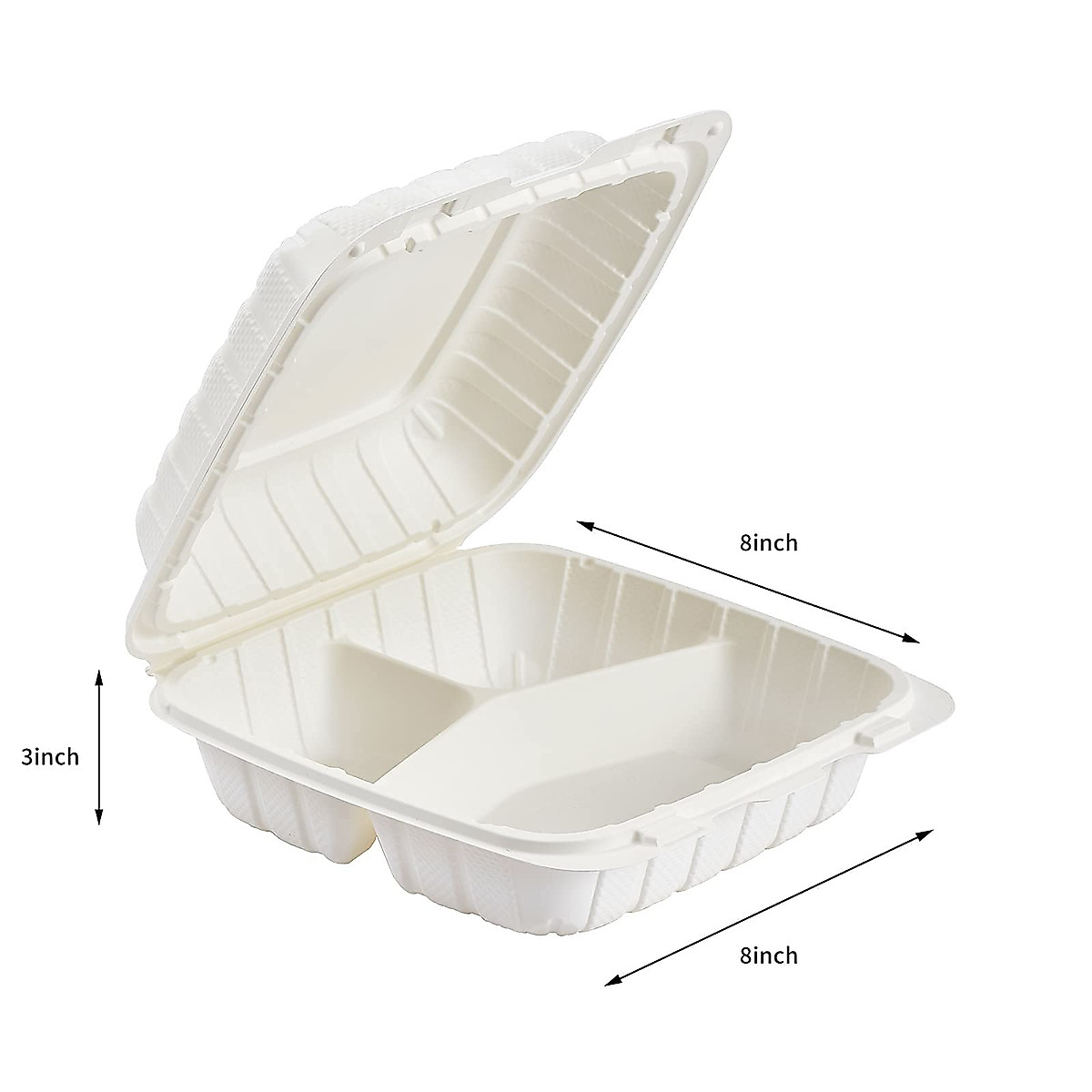 8X8" 3Compartment 50-Pack Plastic Clamshell Take Out Food Containers, Heavy Duty To-go Disposable Lunch Box For Cake, Sandwich, Salad, Dessert, Restaurant Meal Prep Packaging Catering Hinged Container