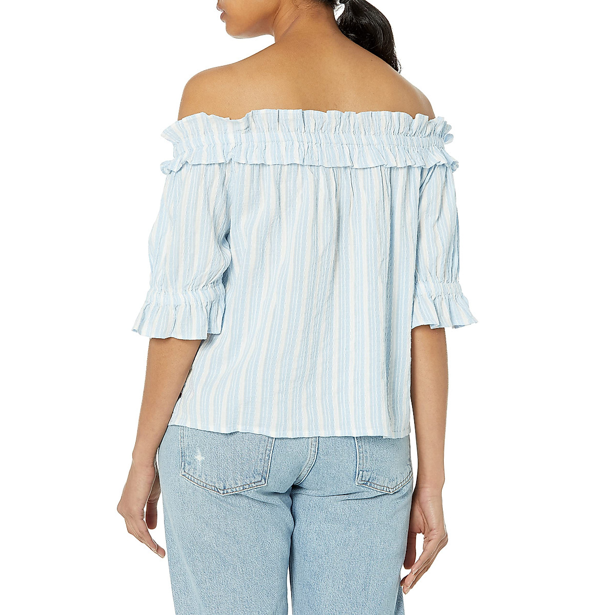 Tommy Jeans Women's Short Sleeve Off The Shoulder Striped Top, Blue/White, S