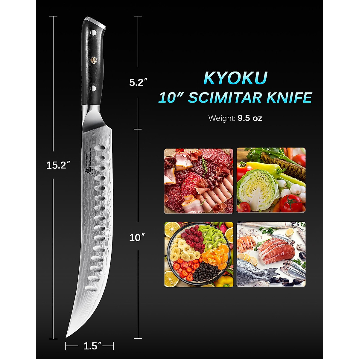 KYOKU 10" Scimitar Knife, Gin Series Cimitar Breaking Knife with Silver PVD Coating Damascus Blade, Japanese VG10 Stainless Steel Butcher Knife, Full Tang Brisket Kitchen Knife with Sheath & Case