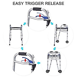 Compact Folding Walker for Seniors by Health Line Massage Products, Standard Walker with 5 inch Wheels and Trigger Release, Mobility Aids Walker Supports up to 350 lbs (Ski Glides Included)