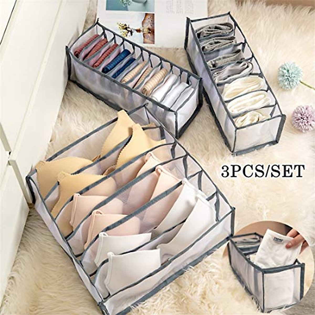3Pcs/set 3 In 1 Storage Box Container Drawer Divider Lidded Closet Boxes for Ties Socks Bra Underwear Mask Organizer