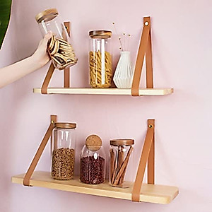 Cabilock Shelves 1 Set of Leather Wooden Shelf Wall Hanging Shelf Wooden Floating Shelf Decorative Bookshelf Rustic Storage Shelf for Home Bedroom Living Room Decorations Floating Shelves