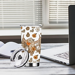 Birthday Christmas Presents Western Stuff, Boho Cow Skull Tumbler, 20 oz Tumblers Insulated Coffee Mug Stainless Steel Thermal Vacuum Travel Coffee Cup with Lid, Cow Stuff Western Gifts for Women