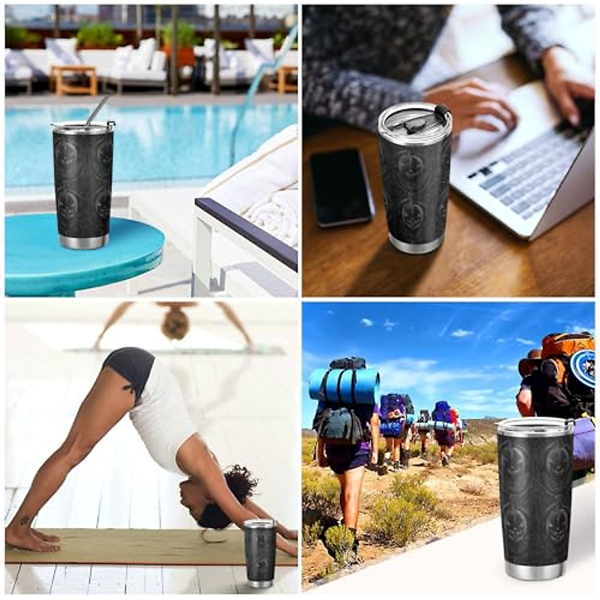 Amooorous Pure Black Evil Halloween Pumpkin Stainless Steel cup with lid with Lid and Straw 20oz coffee mug for coffee aesthetic insulated tumbler botellas para agua termica 20oz