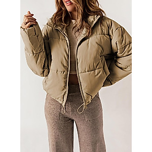 Dokotoo Womens Puffer Jackets Ladies Cute Warm Winter Coats for Women Oversized Stand Neck Full Zipper Up Drawstring Baggy Padded Jacket Coat Warm Comfy Soft Outerwear with Pockets Khaki XL