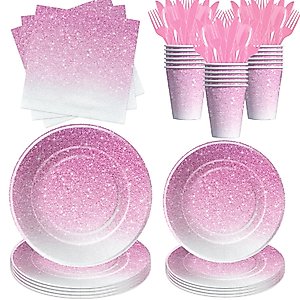 Xenorik Ombre Pink Party Decorations Tableware, Gradient Pastel Pink Party Supplies, Plate, Cup, Napkin, Cutlery, Light Pink Sprinkle Wedding Birthday Anniversary Decorations for Girl Woman | Serve 24