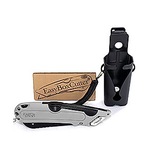 Modern Box Cutter, auto retract, blade vanishing technology, extra tape cutter at back, dual side edge guide, 3 blade depth setting, 2 blades and holster - Grey Color 4000