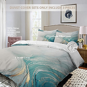 BaoNews Marble Texture Duvet Cover Set King Size,3 Pieces Turquoise Gold Silver Luxury Fluid Bedding Set Hotel Quality PolyesterComforter Cover Set with 2 Pillowcases(No Filler)