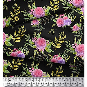 Soimoi Black Cotton Canvas Fabric Leaves & Rose Floral Print Fabric by The Yard 44 Inch Wide