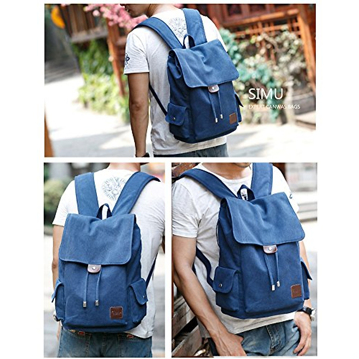 Yookeyo Canvas Flap Drawstring Backpack School Bag Travel Bag for Middle School