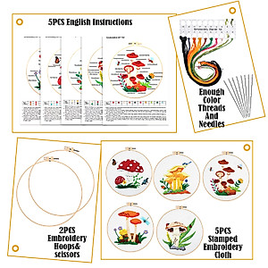 5 Sets Embroidery Starter Kit with Patterns and Instructions Mushroom Cross Stitch Set for Beginners DIY Adult Kids Beginner Cross Stitch Set with Mushroom Pattern Embroidery Hoops Needles Threads