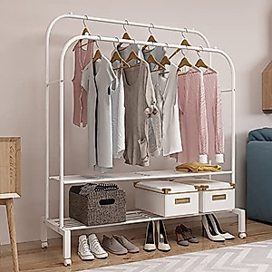 GGQQ Clothes Garment Rack with Shelves,Metal Double Rod Clothes Hanger Rack,Rolling Garment Rack for Hanging Clothes,Stand Clothes Drying Rack with Wheels(41”,White).