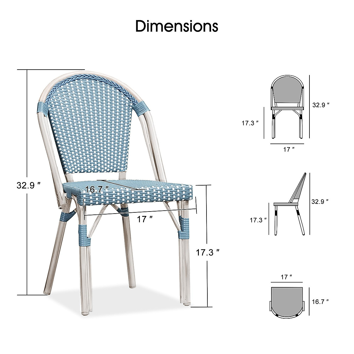 PURPLE LEAF Dining Chair Set of 2 Outdoor French Bistro Chairs Hand-Woven Aluminum Wicker Rattan Chairs for Garden Kitchen Backyard Porch White Print Finish Patio Chairs Light Blue