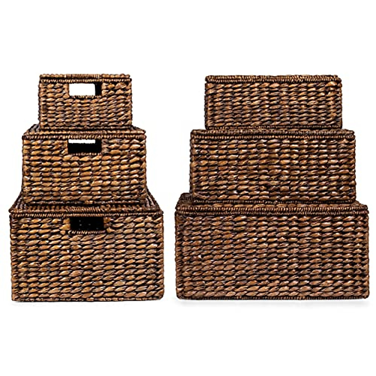 BIRDROCK HOME Seagrass Floor Baskets with Lids - Set of 3 - Brown Wash - Hand Woven Container for Blankets Pillows - Sturdy Metal Frame - Organization - Storage