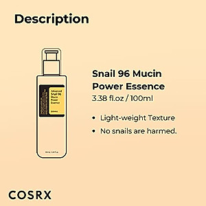 COSRX Snail Mucin 96% Power Repairing Essence 3.38 fl.oz, 100ml, Hydrating Serum for Face with Snail Secretion Filtrate for Dark Spots and Fine Lines, Not Tested on Animals, No Parabens, No Sulfates, No Phthalates, Korean Skincare