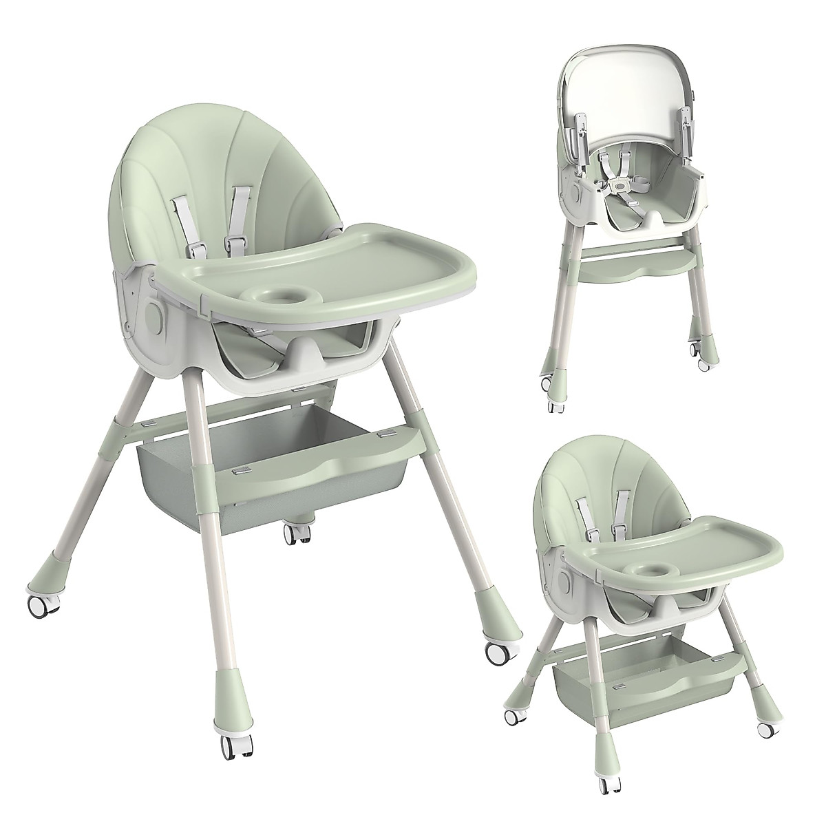 Baby Folding High Chair Convertible Compact with Removable 5-Point Harness for Baby Girl & Boy Ages 6-72 Months Adjustable & Removable Detachable Double Tray Easy to Clean with Wheels