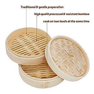 ONETANG 10 Inch Bamboo Steamer Basket, 2 Tier Steamer for Cooking, 20 Paper Liners, Perfect For Dim Sum, Chicken, Fish, Veggies, Natural Handmade Weaver, Eco-Friendly Gift Box (Holiday Gifts)