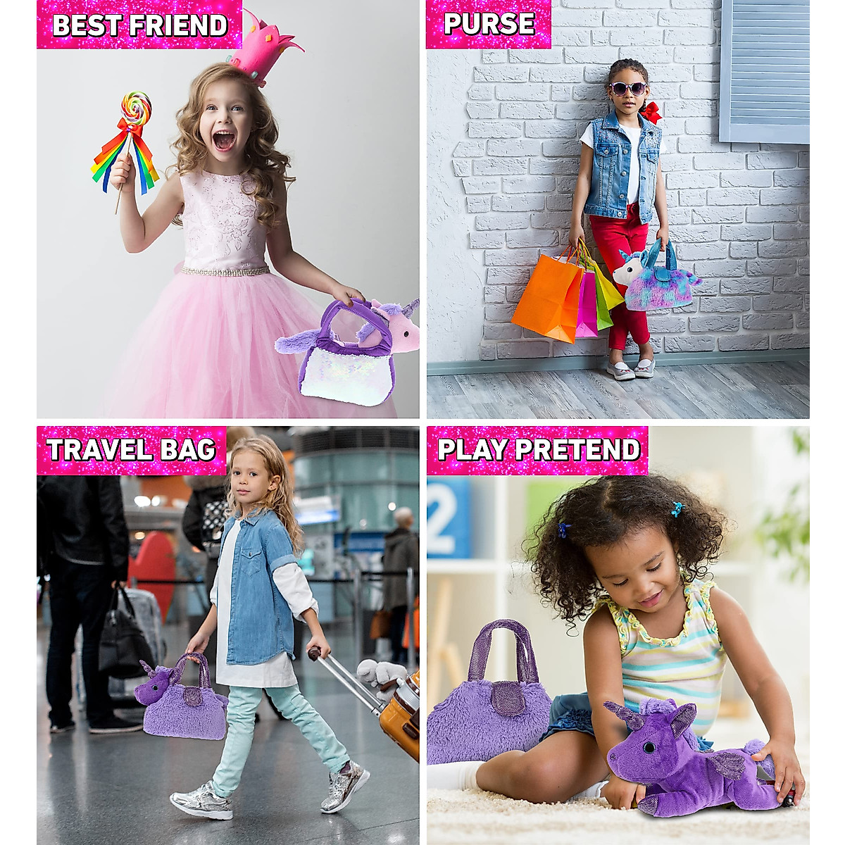 DolliBu Purple Unicorn Bags Collection Set of 3 - Blue and Purple Unicorn Stuffed Animal Purse Bags for Girls, Removable Unicorns in Sequin, Furry Handbags for Dress Up