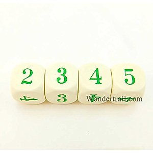 Wondertrail Ivory Opaque Dice with Green Numbers D6 Averaging Dice (2-3-3-4-4-5) 16mm (5/8in) Pack of 4