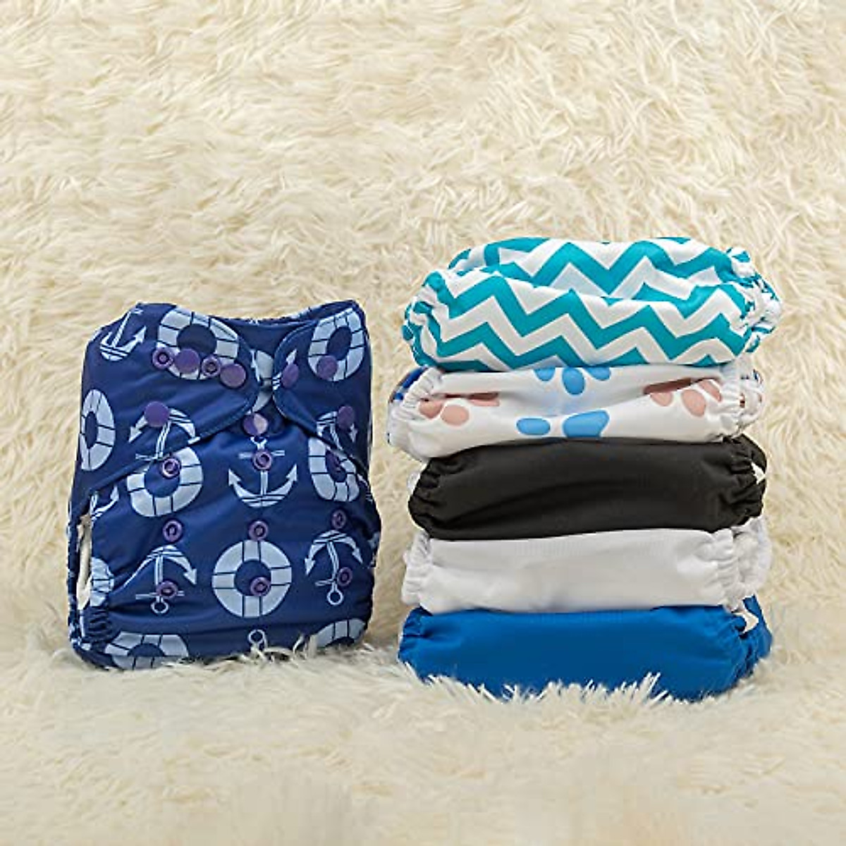 Babygoal Cloth Diaper Covers for Fitted Diapers and Prefolds with Double Gusset,Adjustable Reusable for Baby Boys, 6pcs Covers+One Wet Bag 6DCF02