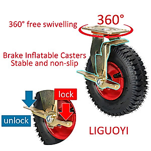8/10-Inch Pneumatic Fixed Caster Wheel No Noise Swivel Castors with Brakes, 4pcs Wear-Resistant Replacement Foot Wheel, for Trolley Carts Furniture Dolly Workben