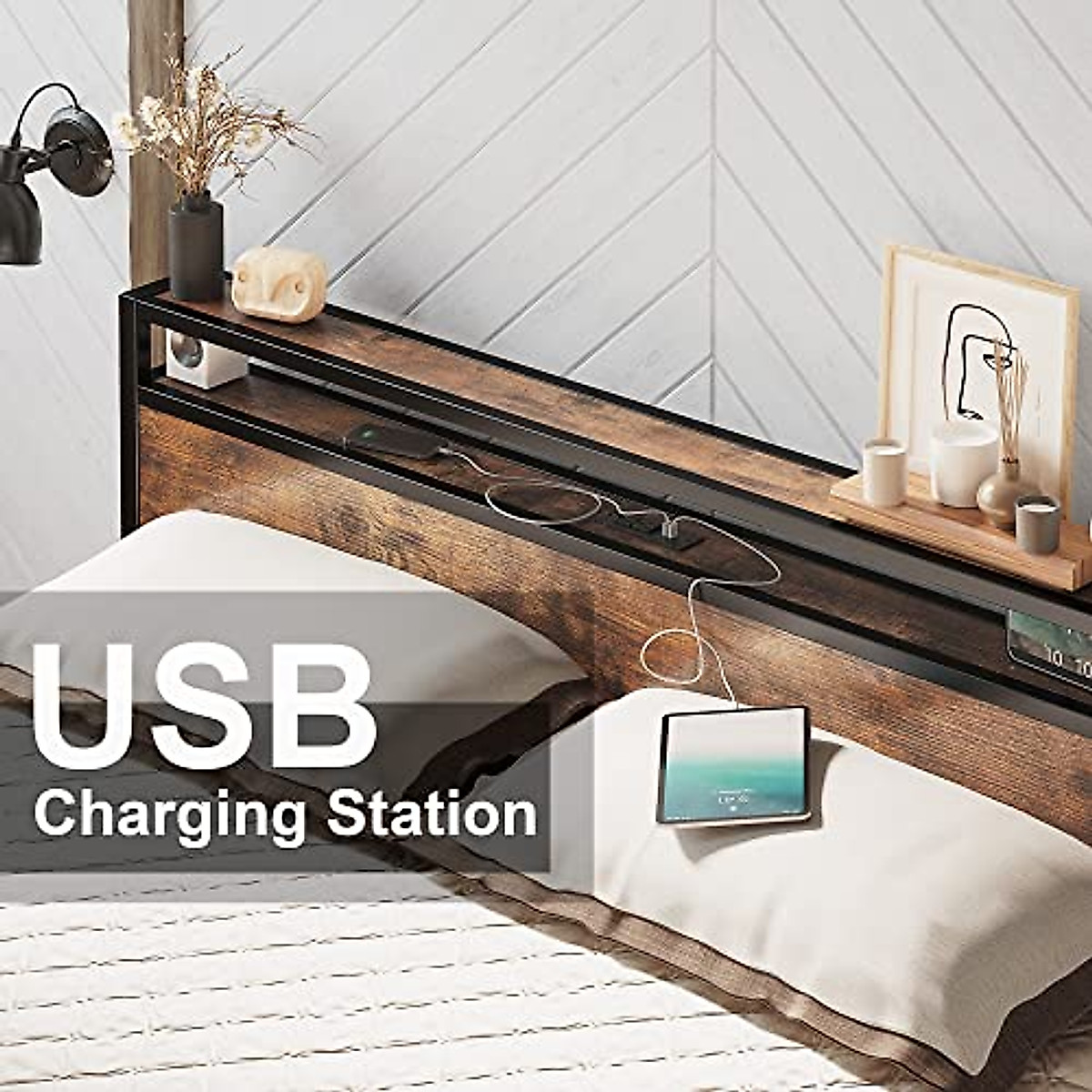 LIKIMIO Queen Bed Frame with Storage Drawer, 2-Tier Storage Headboard with Charging Station, No Box Spring Needed, Easy Assembly, Vintage Brown