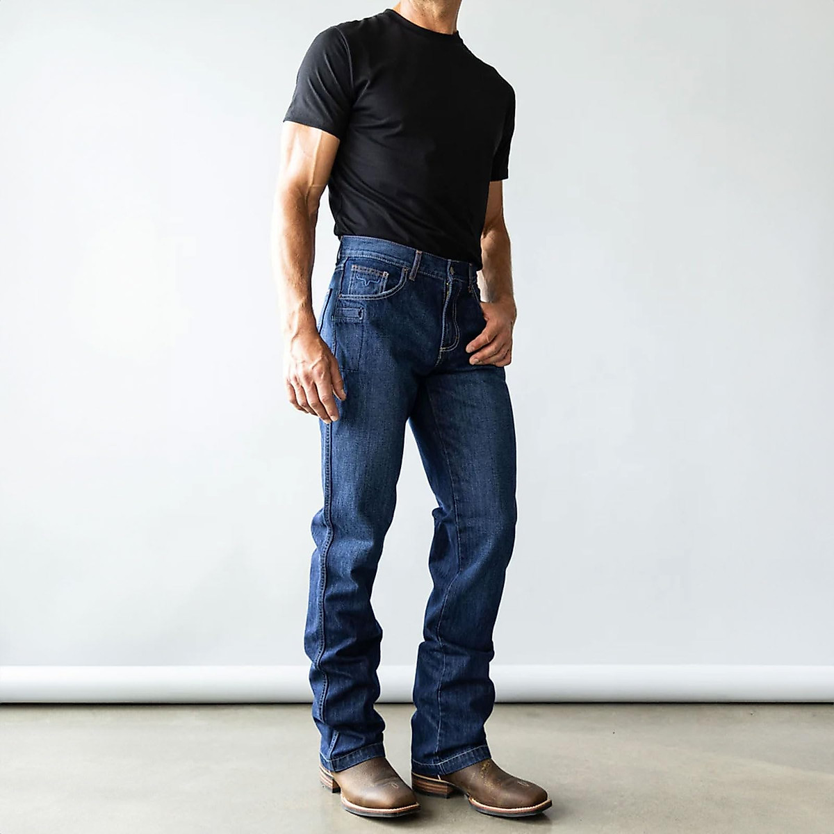 Kimes Ranch Men's Dillon Mid-Low Rise Relaxed Upper Thigh Wide Bootcut Hand-Sanded Integrated Knife Pocket Jean 36W/34L Indigo