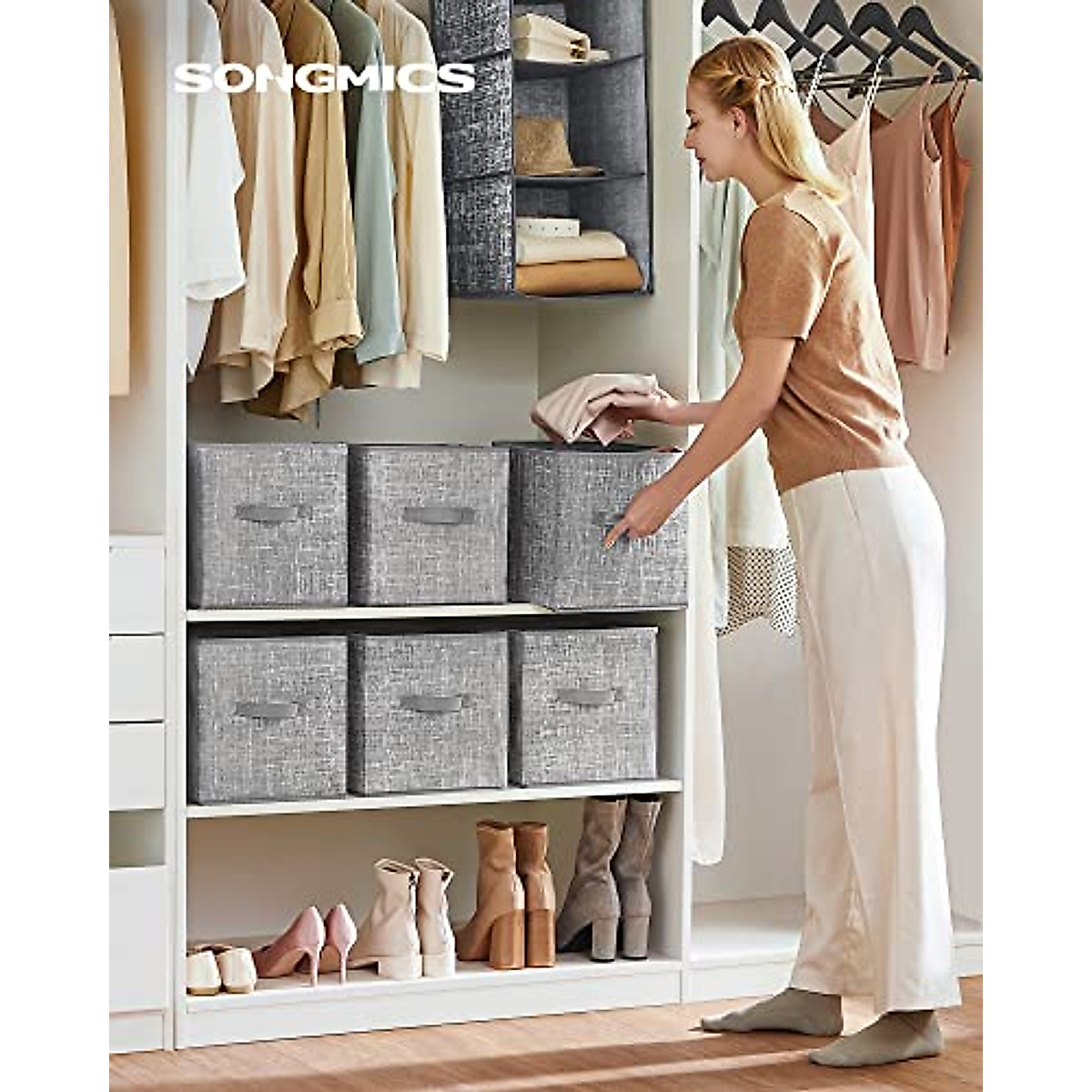 SONGMICS Cube Storage Organizer and Fabric Storage Bins Bundle, Closet Organization and Storage, Foldable Cube Baskets and Shelving, Gray ULPC06G and UROB26LG