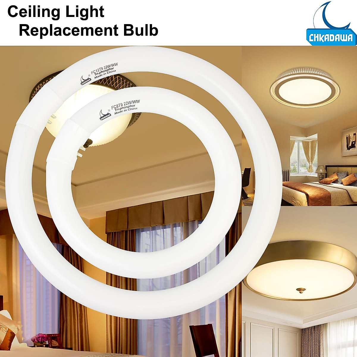 FC8T9/KB 22W and FC12T9/KB 32W Warm White Set, Round Fluorescent 8 inch T9 22 Watts & Circular Light Bulbs 12 inch 32 Watts Pack, Circline Kitchen and Bath Ceiling Fan Bulb, 3000K, G10q Prong