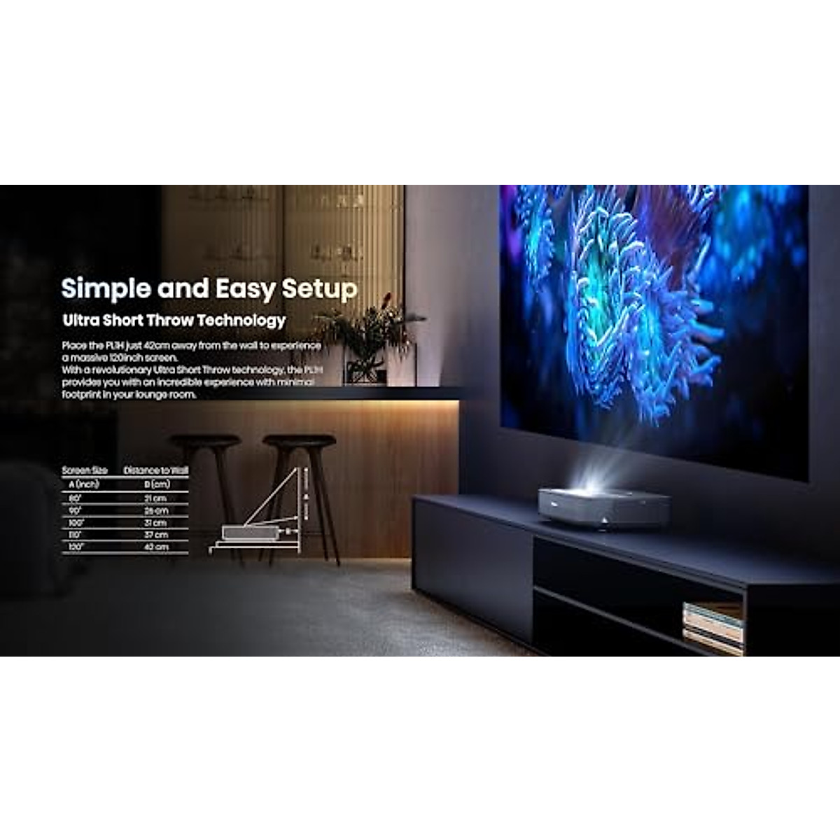 Hisense PL1 Ultra Short Throw Home Theater Smart Projector, 80"-120", 4K UHD, Dolby Vision & Atmos, HDR10, Google TV, Netflix, 2200 ANSI Lumens