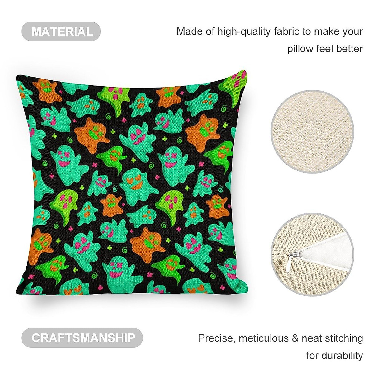 Happy Halloween Cute Ghost Throw Pillow Covers 18×18 Pillowcases Set of 2 Green Glitter Linen Decorative Square Pillow Case Cushion Covers Standard Size for Sofa Couch Outdoor Bed Pillow Protectors